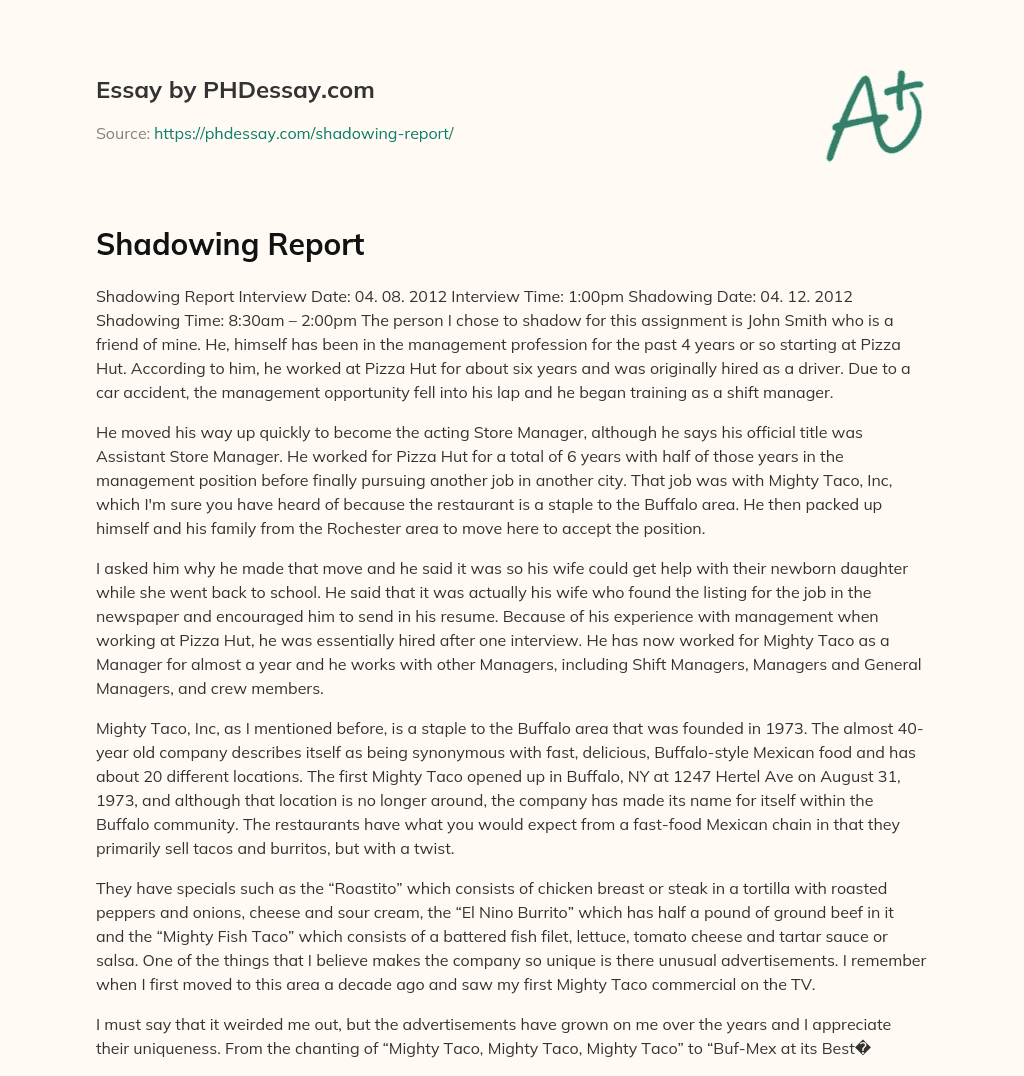 Shadowing Report - PHDessay.com