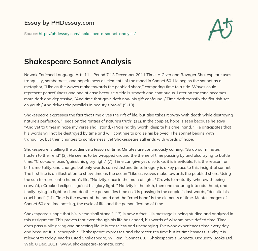 Shakespeare Sonnet Analysis (500 Words) - PHDessay.com