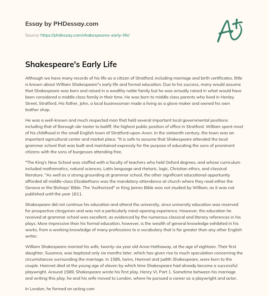 Shakespeare's Early Life - PHDessay.com