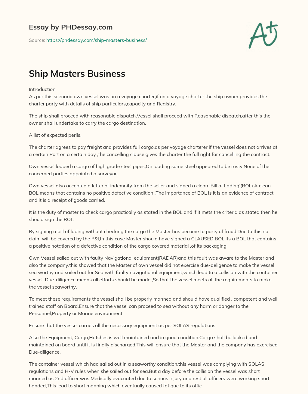 Ship Masters Business - PHDessay.com