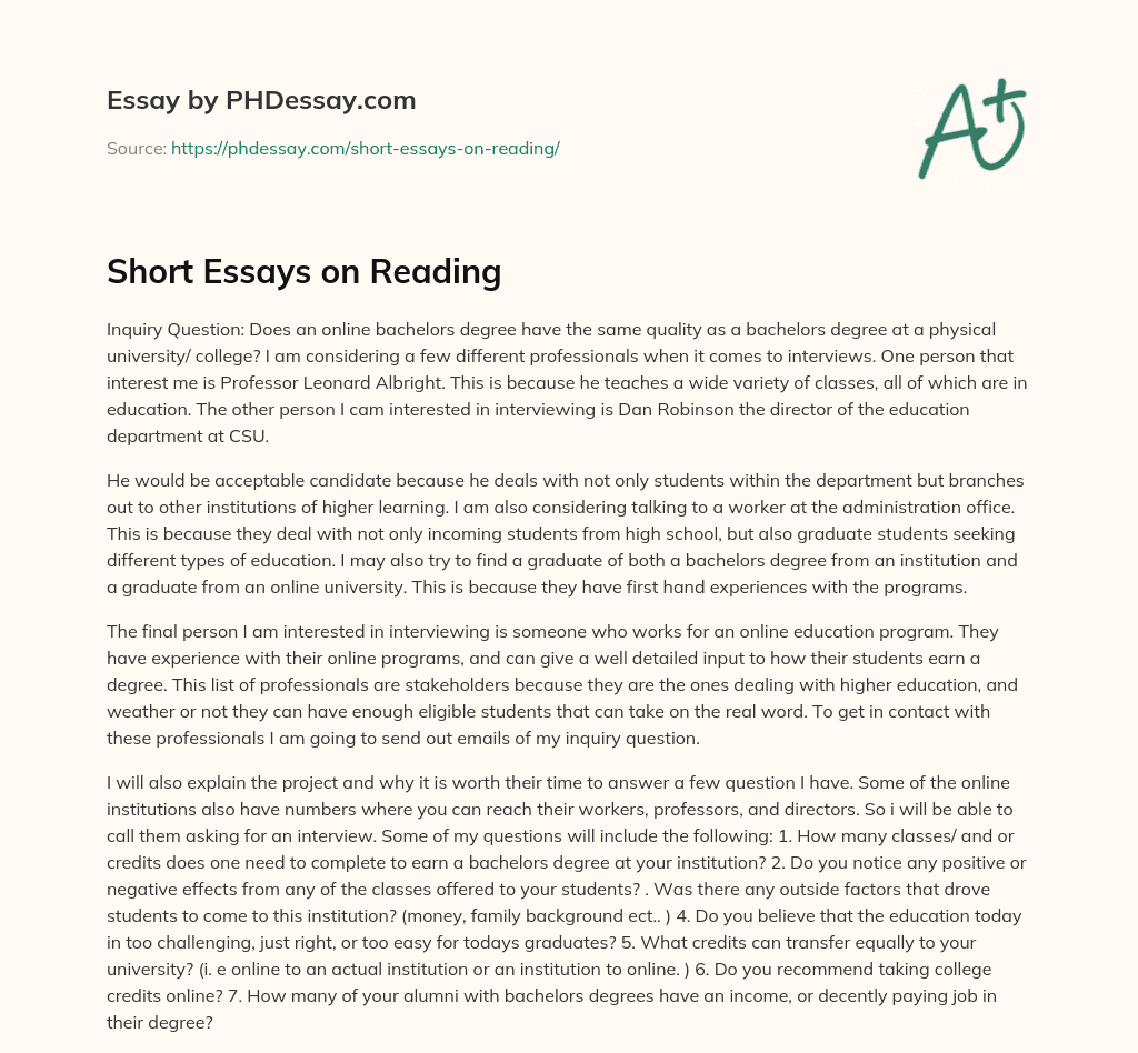 Short Essays On Reading 400 Words PHDessay