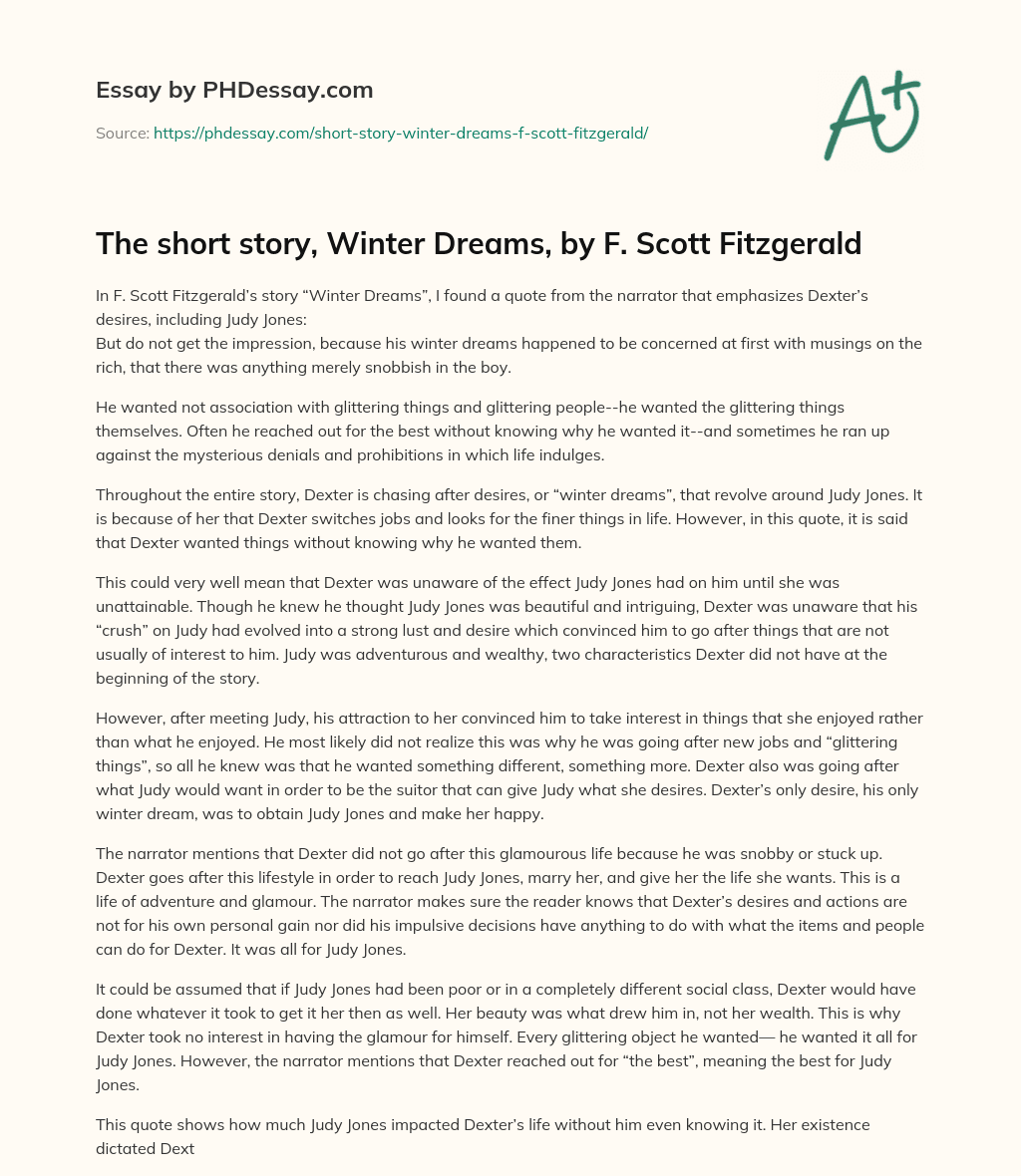 The short story, Winter Dreams, by F. Scott Fitzgerald - PHDessay.com