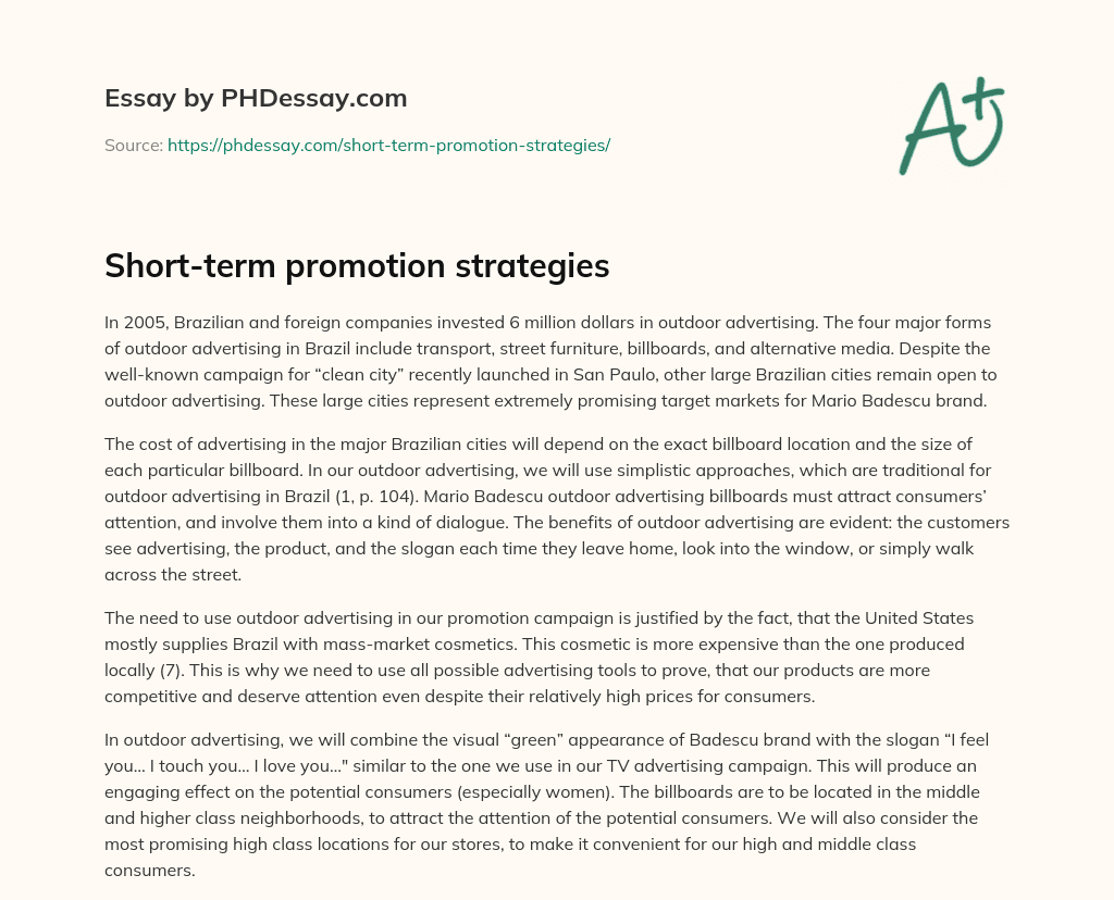 Short-term promotion strategies (300 Words) - PHDessay.com