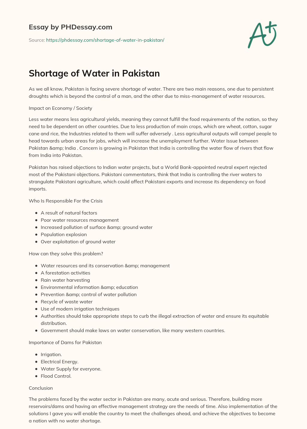 Shortage of Water in Pakistan (400 Words) - PHDessay.com
