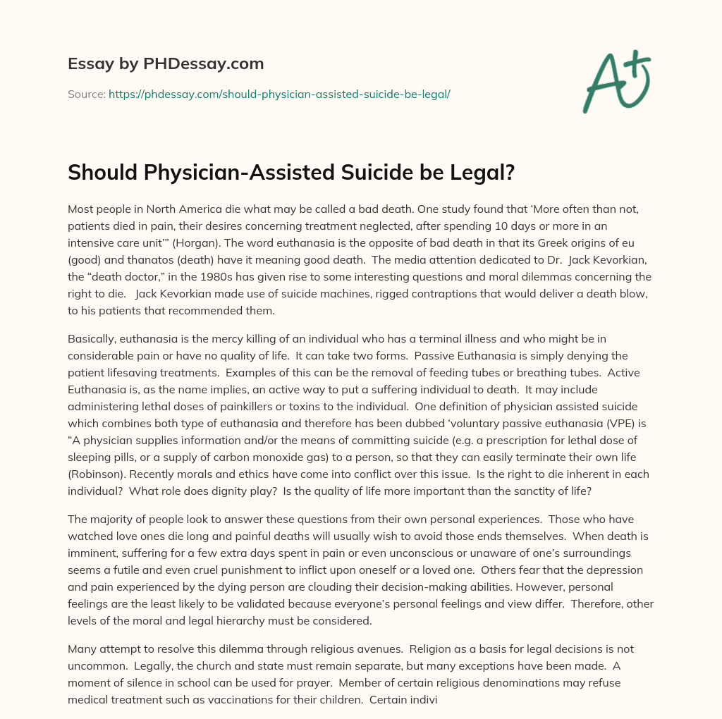 Should Physician-Assisted Suicide be Legal? - PHDessay.com