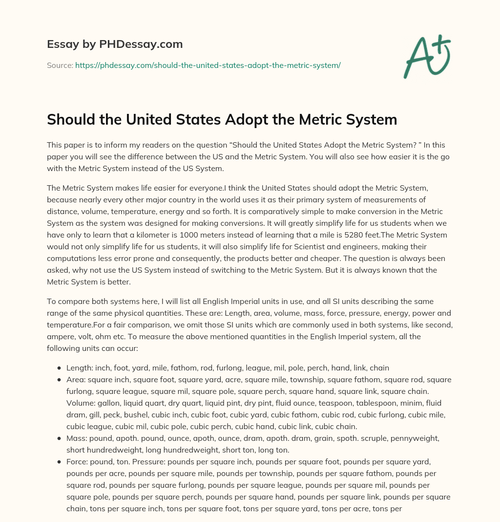 Should the United States Adopt the Metric System - PHDessay.com
