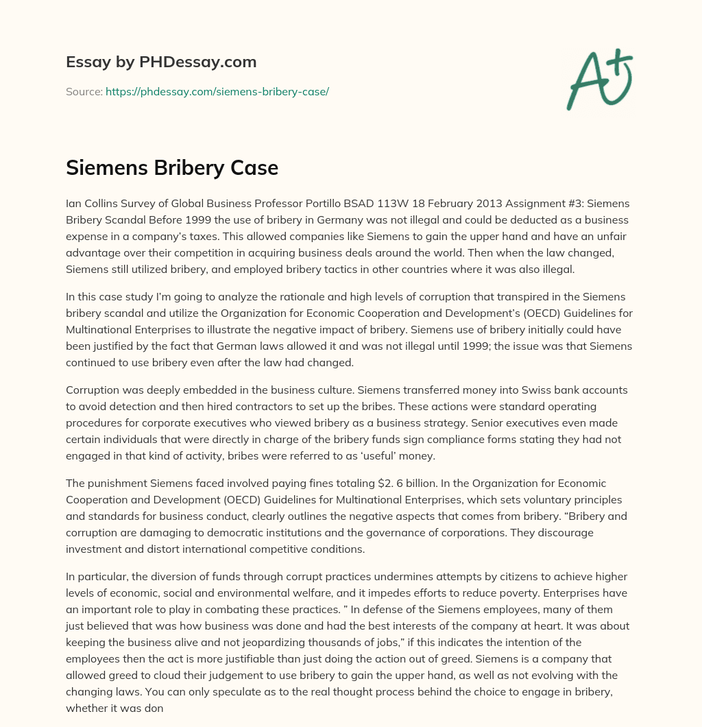 Siemens Bribery Case (600 Words) - PHDessay.com