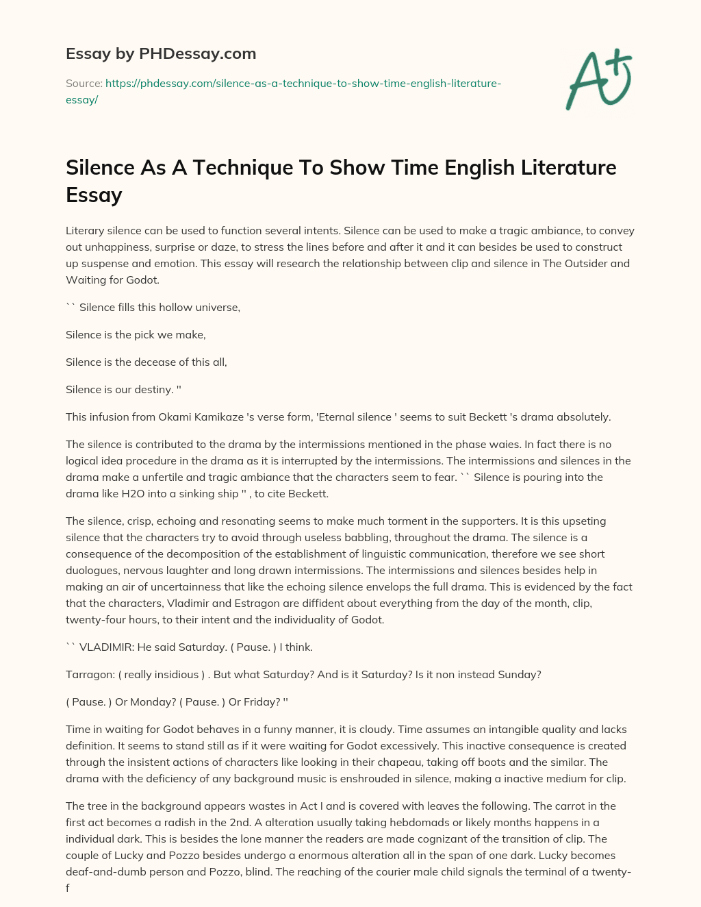 Silence As A Technique To Show Time English Literature Essay - PHDessay.com
