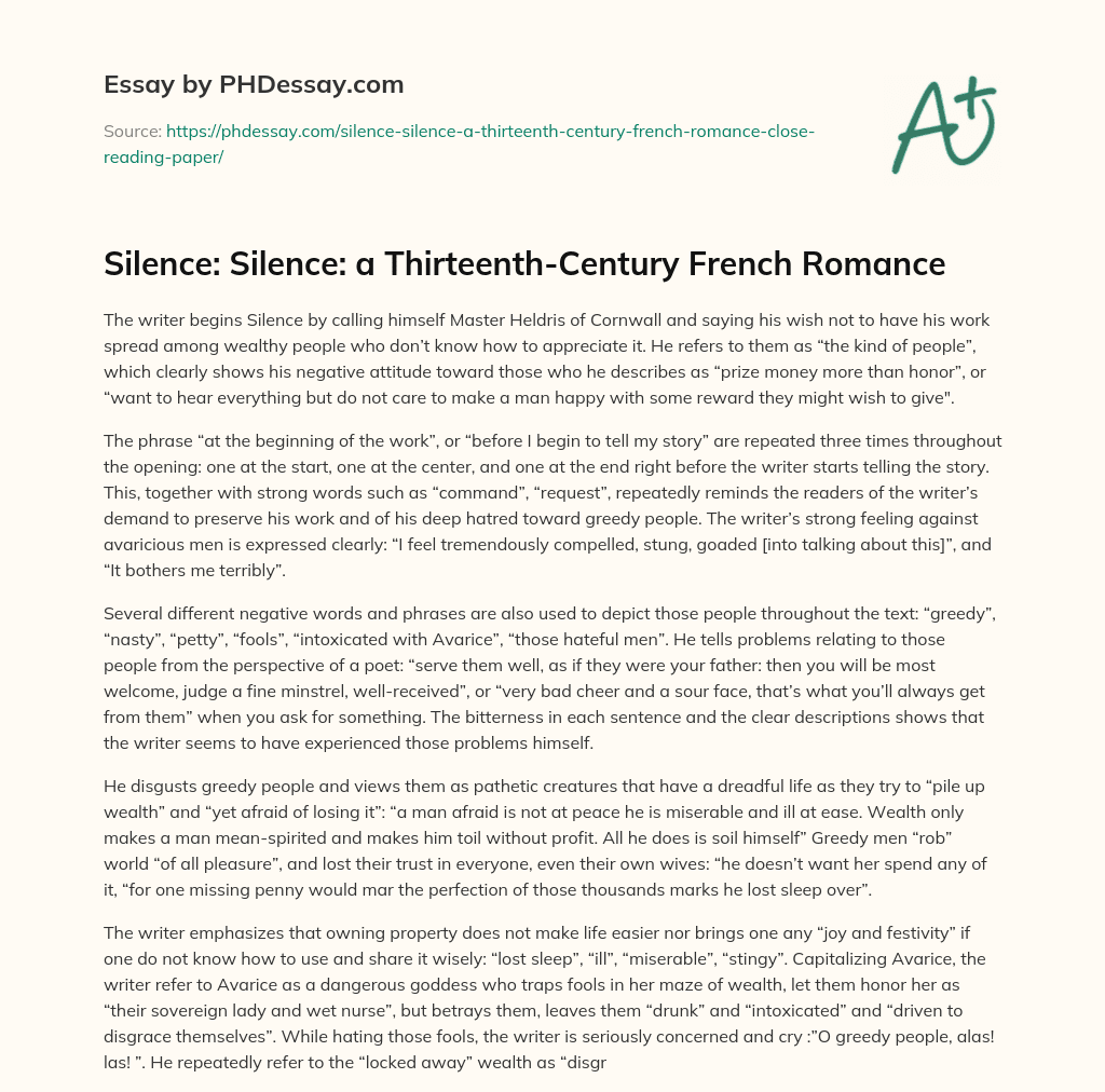 Silence: Silence: a Thirteenth-Century French Romance - PHDessay.com