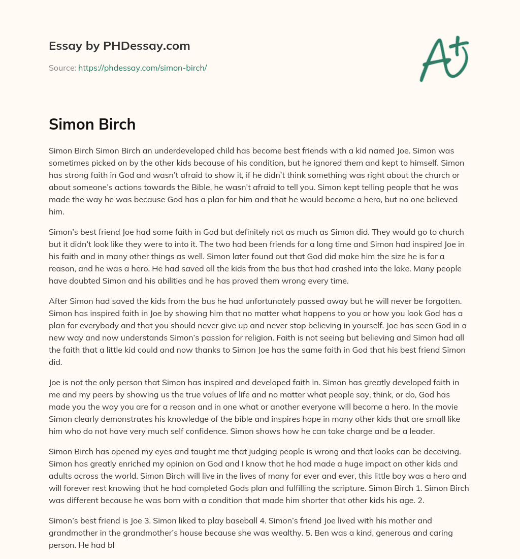 Simon Birch Summary And Character Analysis Essay - PHDessay.com