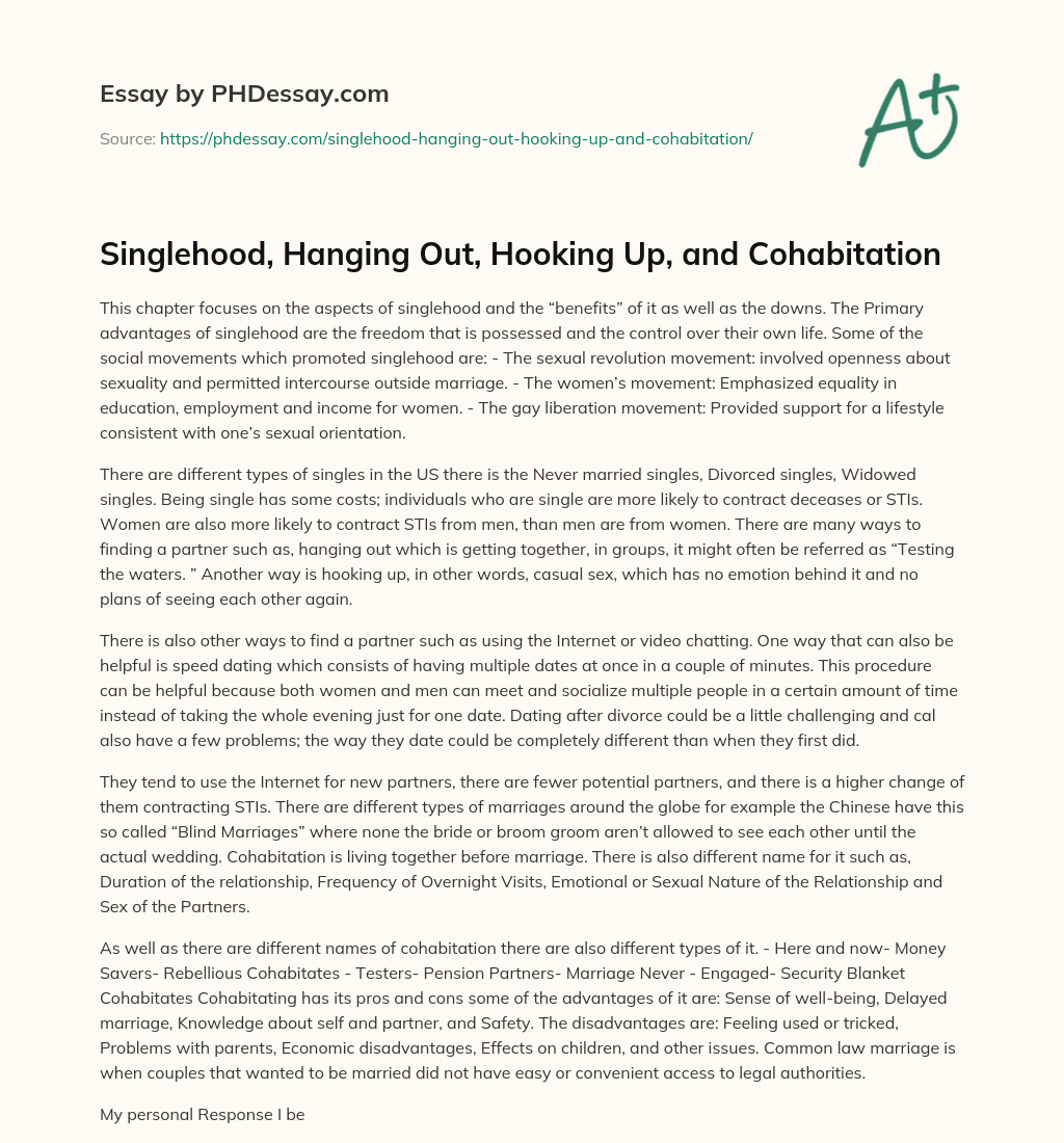 Singlehood, Hanging Out, Hooking Up, and Cohabitation - PHDessay.com