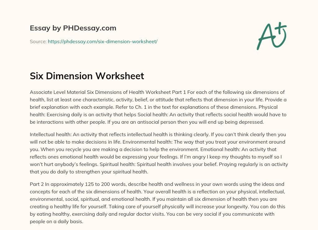 Six Dimension Worksheet (300 Words) - PHDessay.com