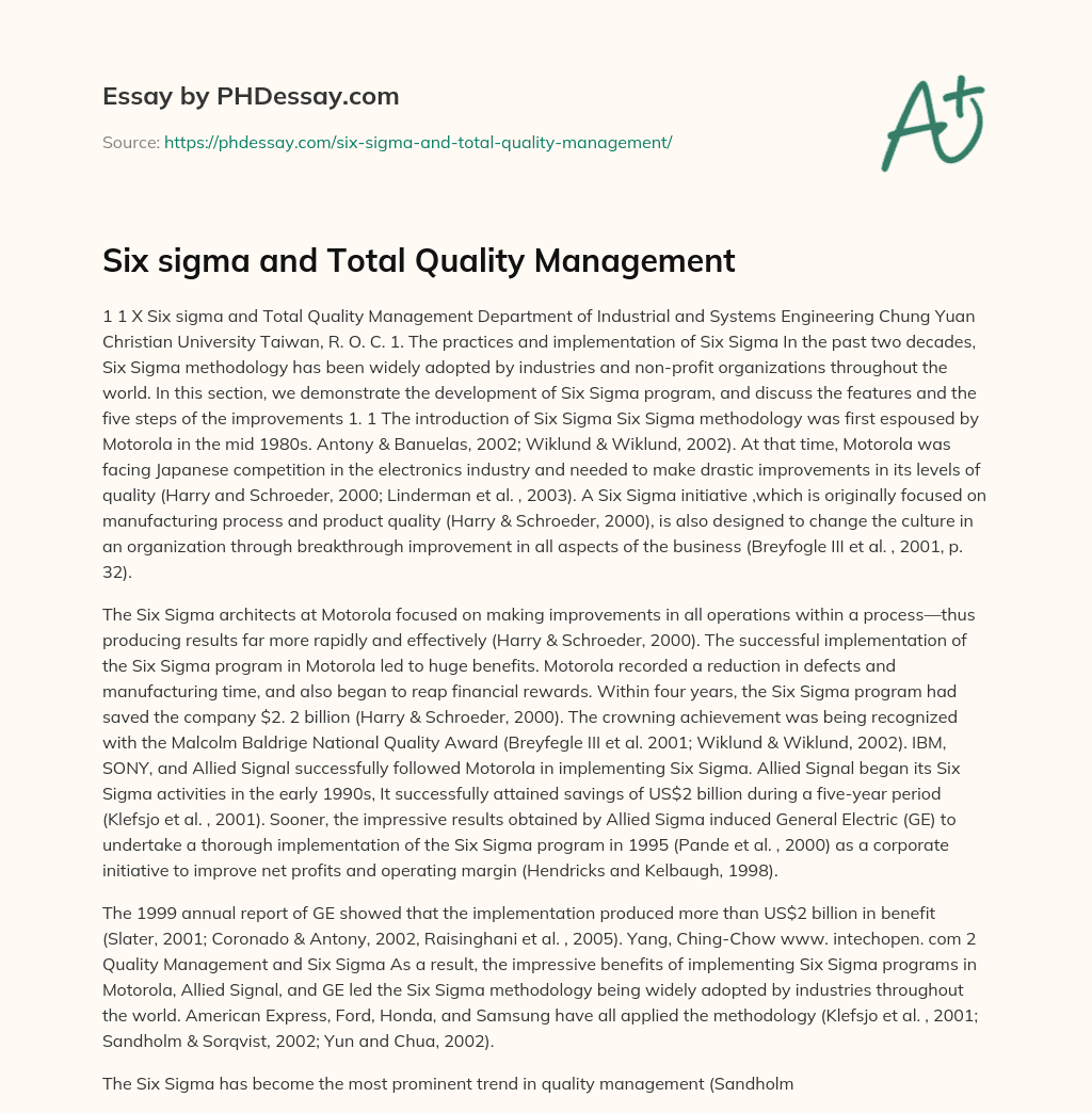 Six sigma and Total Quality Management - PHDessay.com