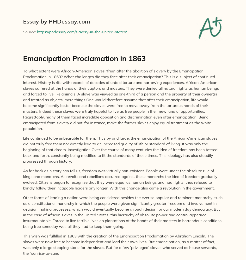 Emancipation Proclamation in 1863 - PHDessay.com