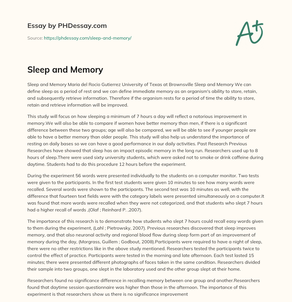 Sleep and Memory - PHDessay.com