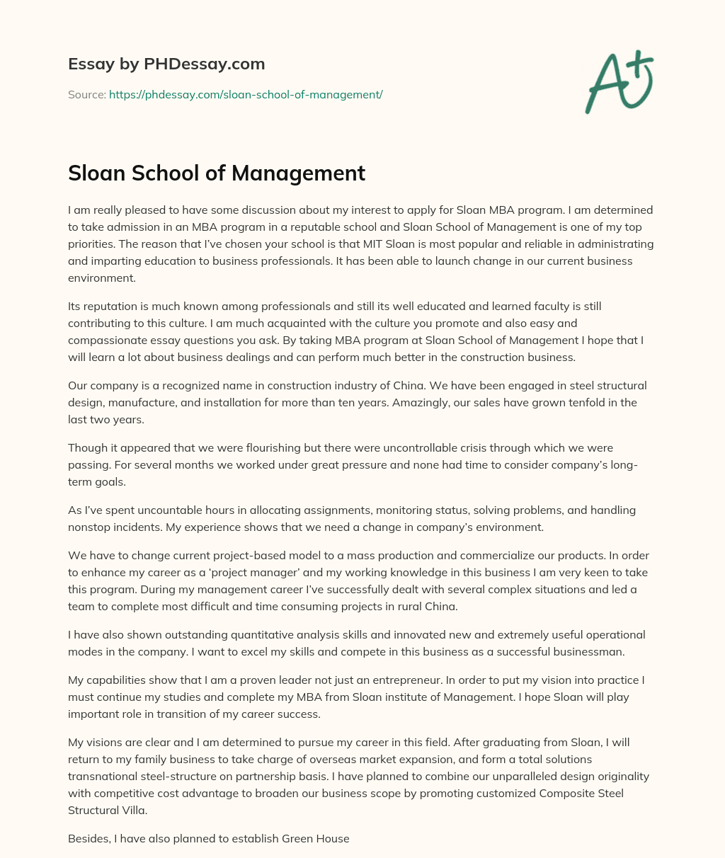 Sloan School of Management (500 Words) - PHDessay.com