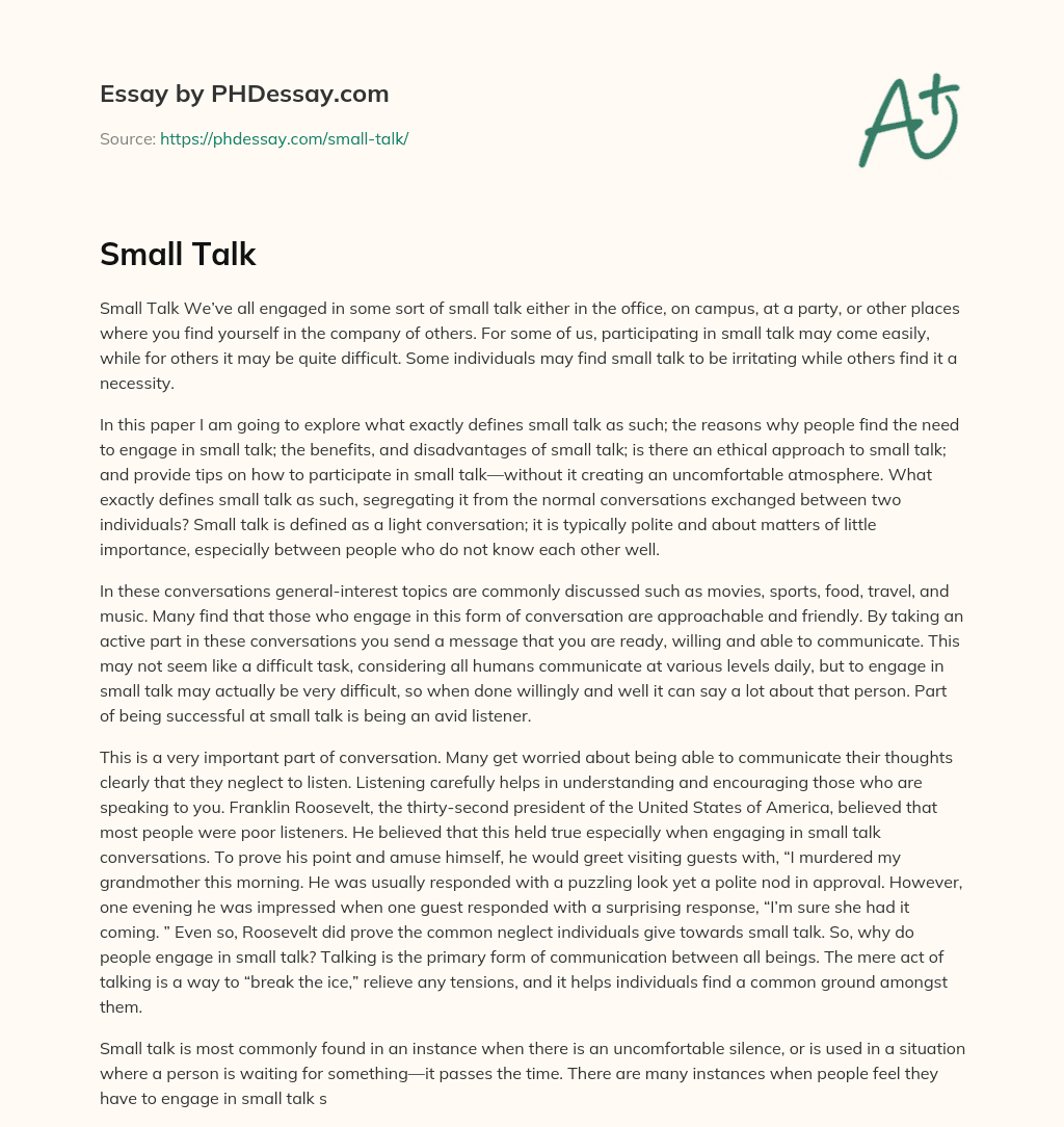 Small Talk Synthesis Essay Example - PHDessay.com