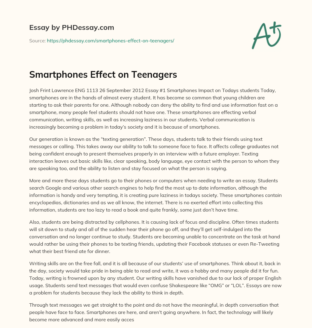 Smartphones Effect on Teenagers (500 Words) - PHDessay.com