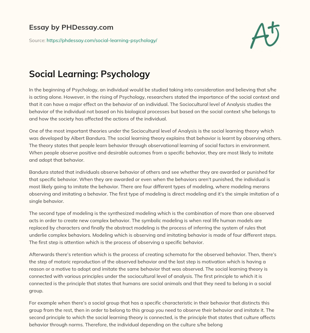 Social Learning: Psychology - PHDessay.com