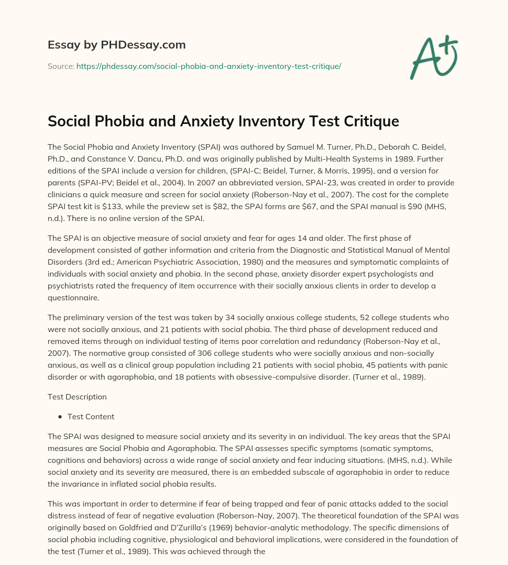 Social Phobia and Anxiety Inventory Test Critique - PHDessay.com