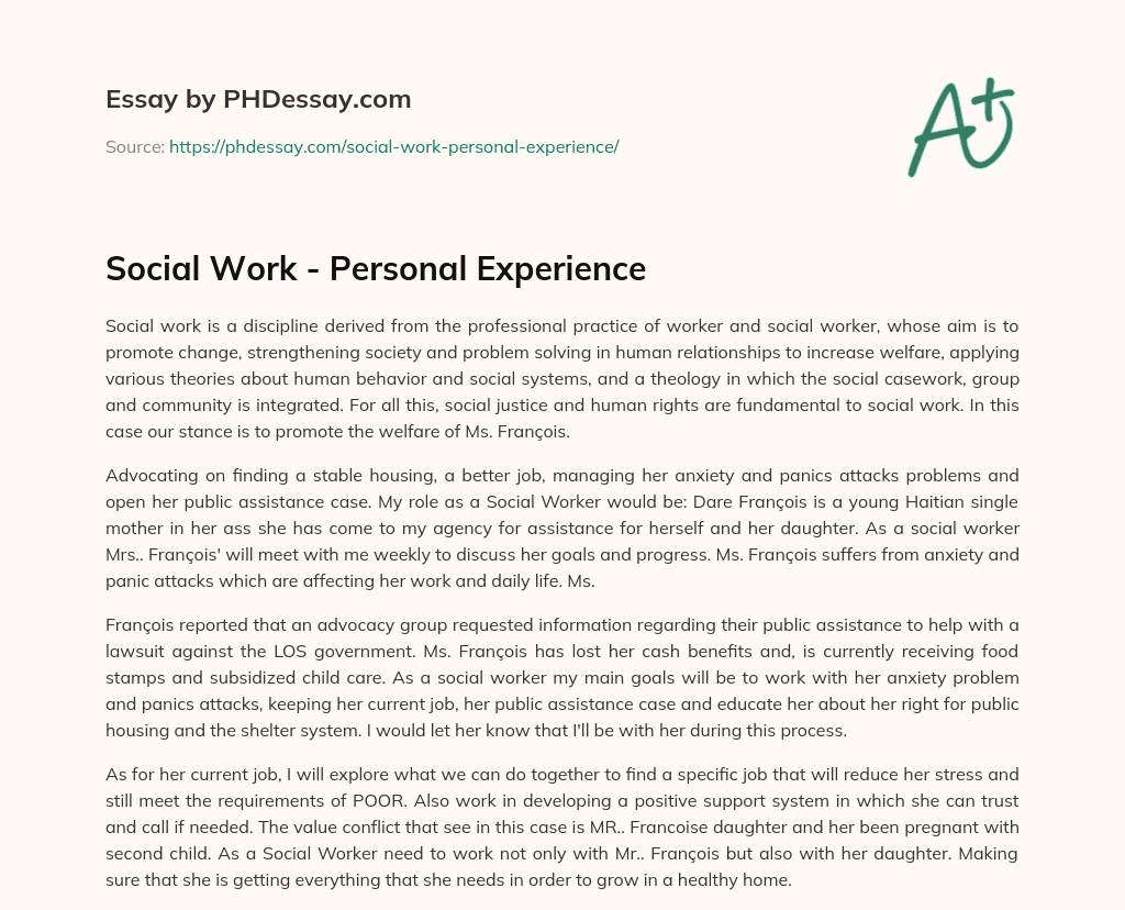 Social Work - Personal Experience (400 Words) - PHDessay.com