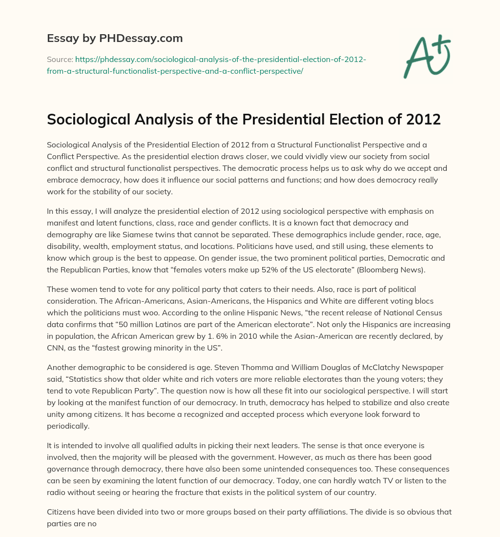 Sociological Analysis of the Presidential Election of 2012 - PHDessay.com