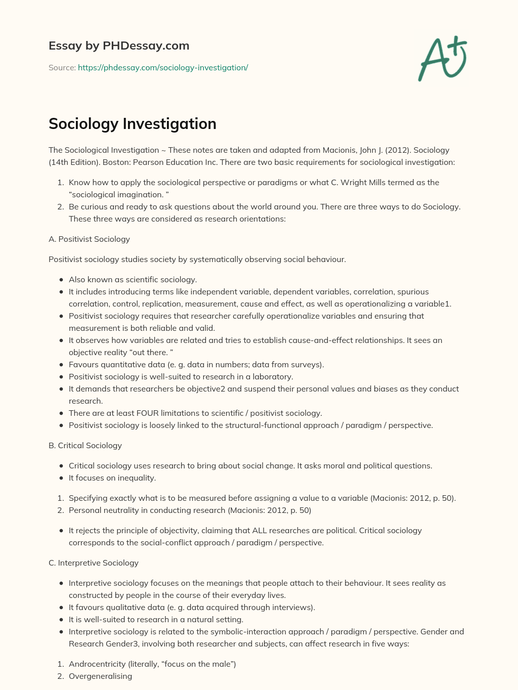 Sociology Investigation - PHDessay.com