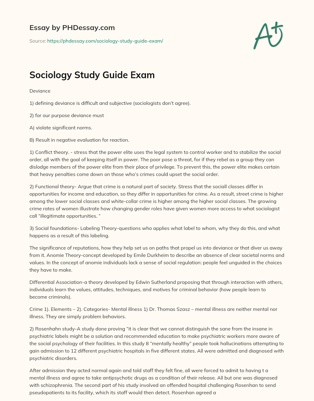 Sociology Study Guide Exam - PHDessay.com