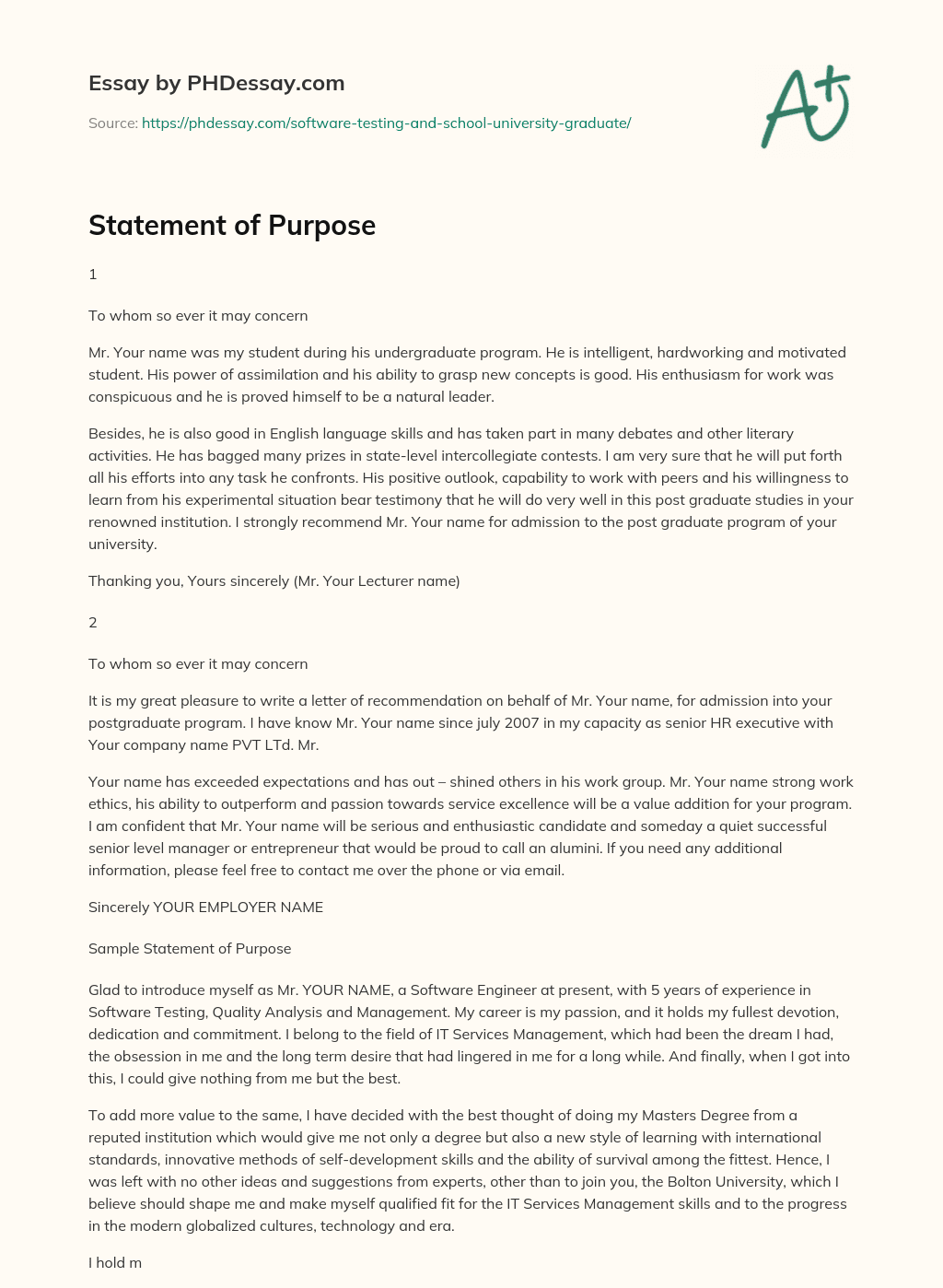 Statement of Purpose - PHDessay.com