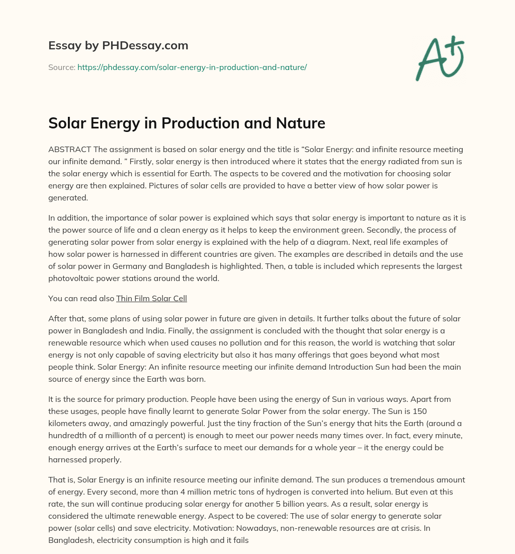 Solar Energy in Production and Nature - PHDessay.com