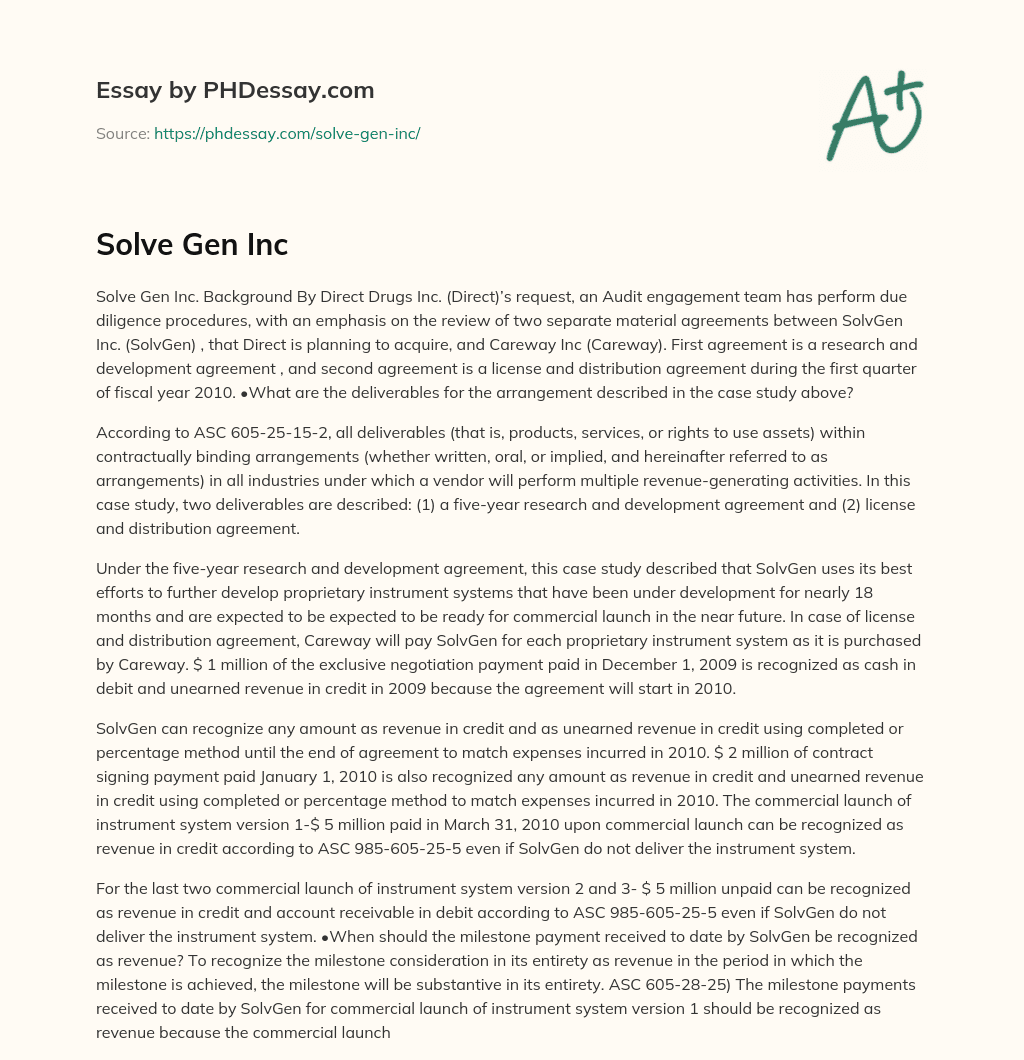 Solve Gen Inc (500 Words) - PHDessay.com