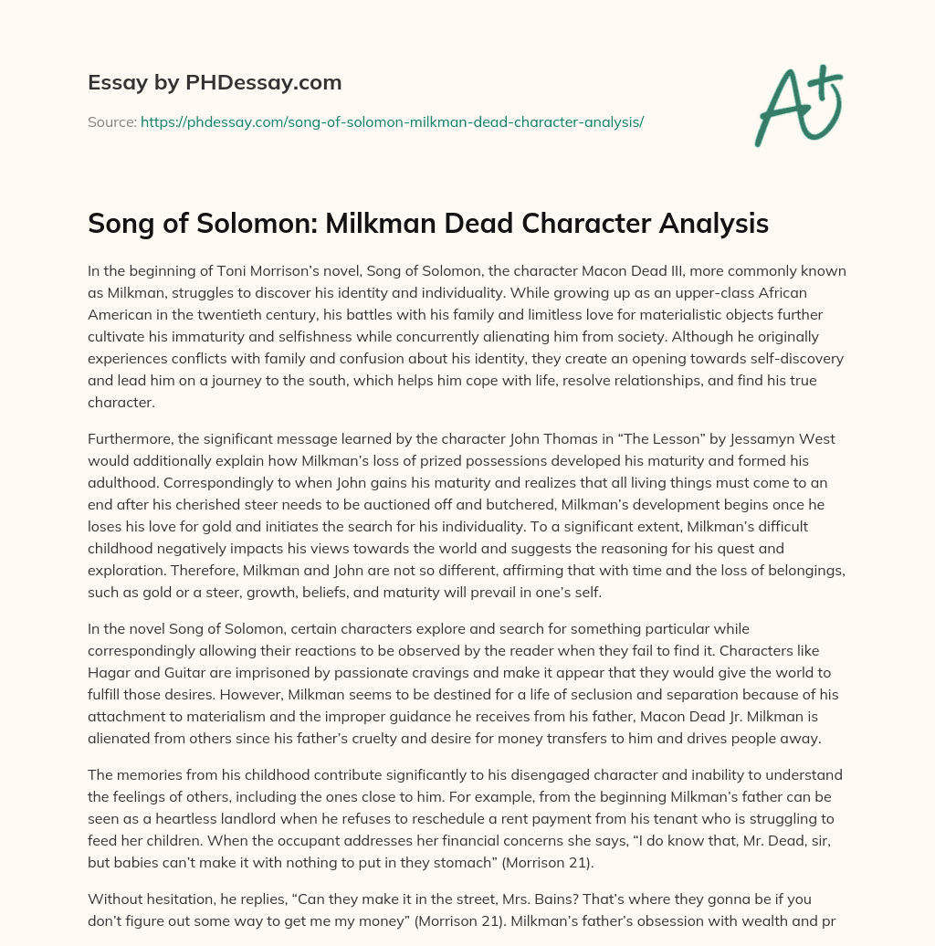 Song of Solomon: Milkman Dead Character Analysis - PHDessay.com