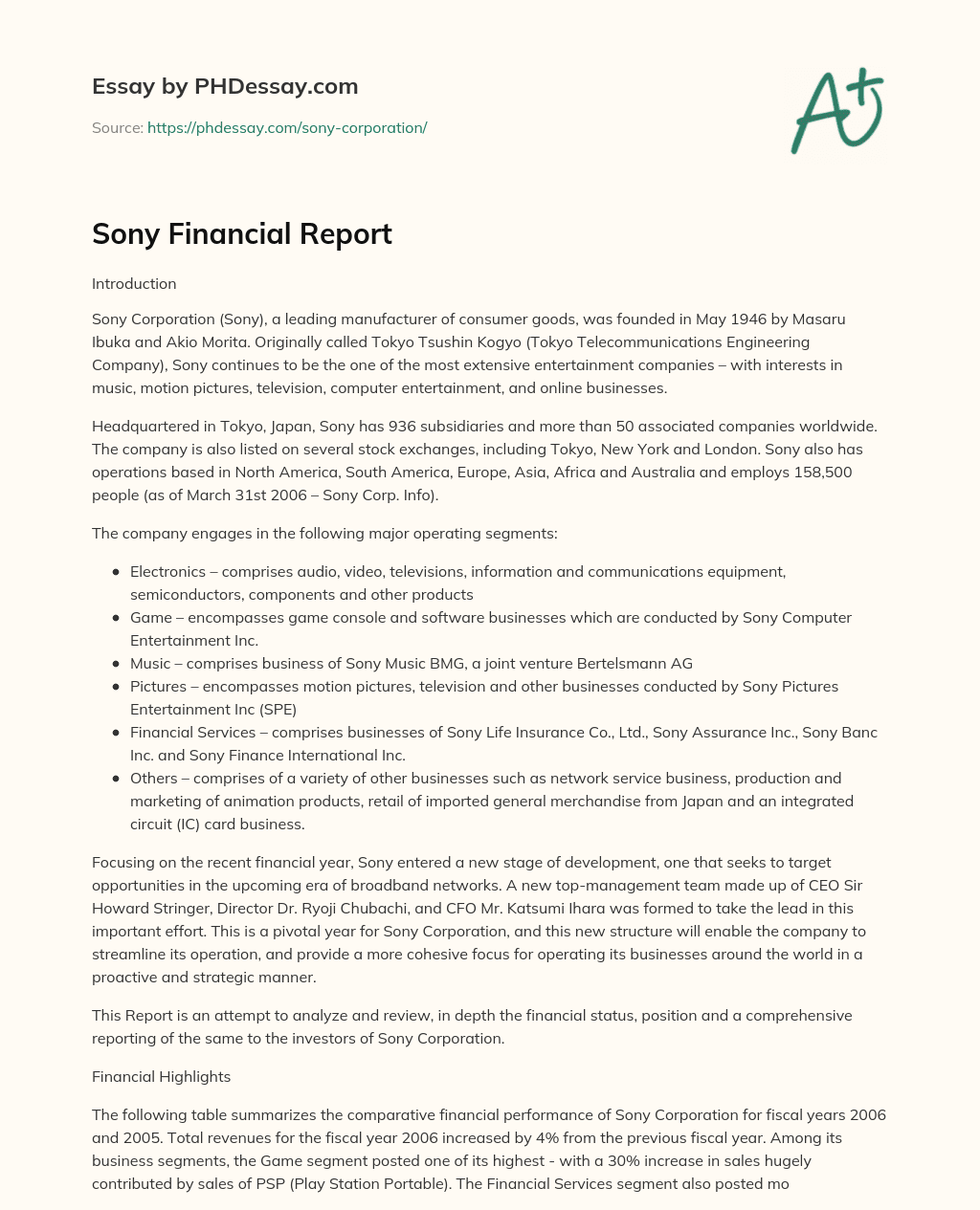 Sony Financial Report - PHDessay.com
