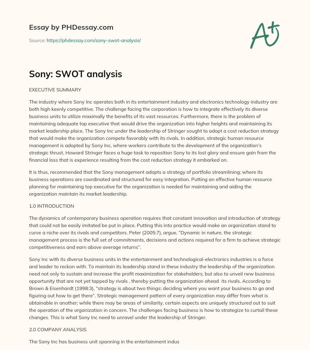 Sony: SWOT analysis - PHDessay.com