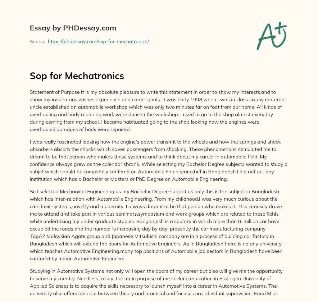 Sop For Mechatronics Personal Example (400 Words) - PHDessay.com