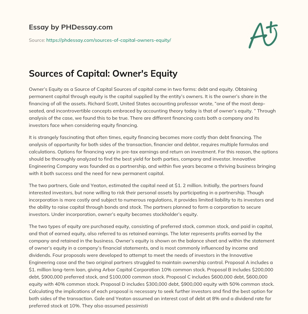 Sources of Capital: Owner's Equity - PHDessay.com