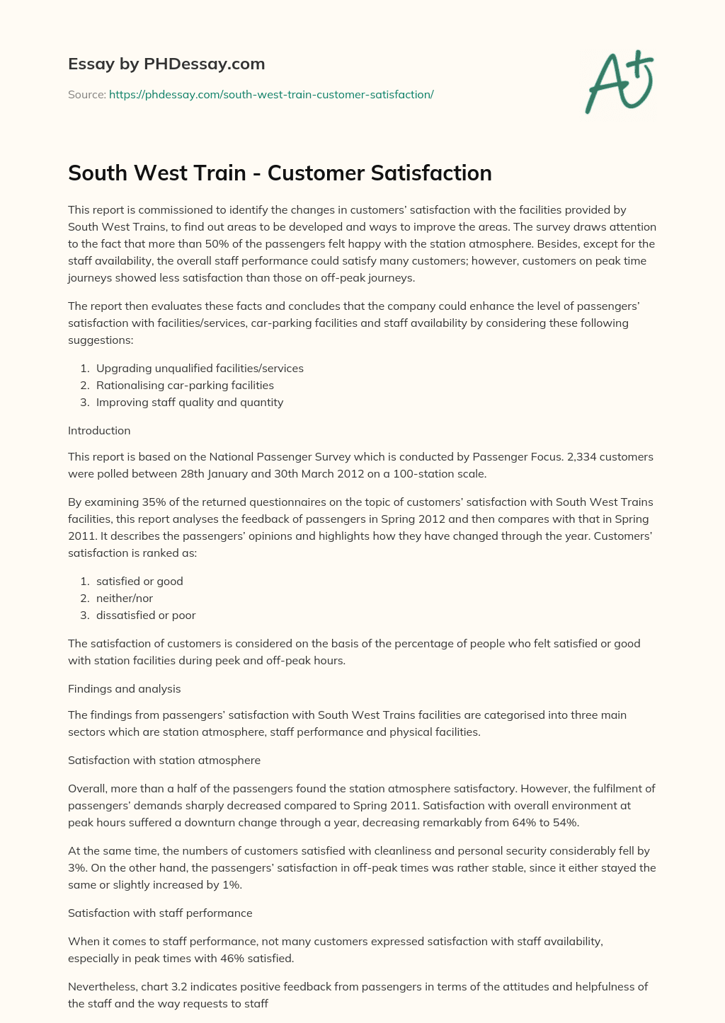 South West Train - Customer Satisfaction - PHDessay.com