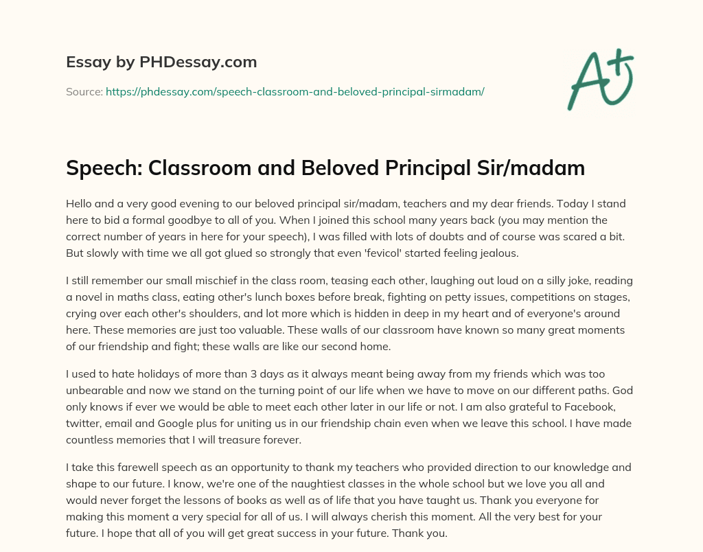 Speech: Classroom and Beloved Principal Sir/madam (400 Words ...
