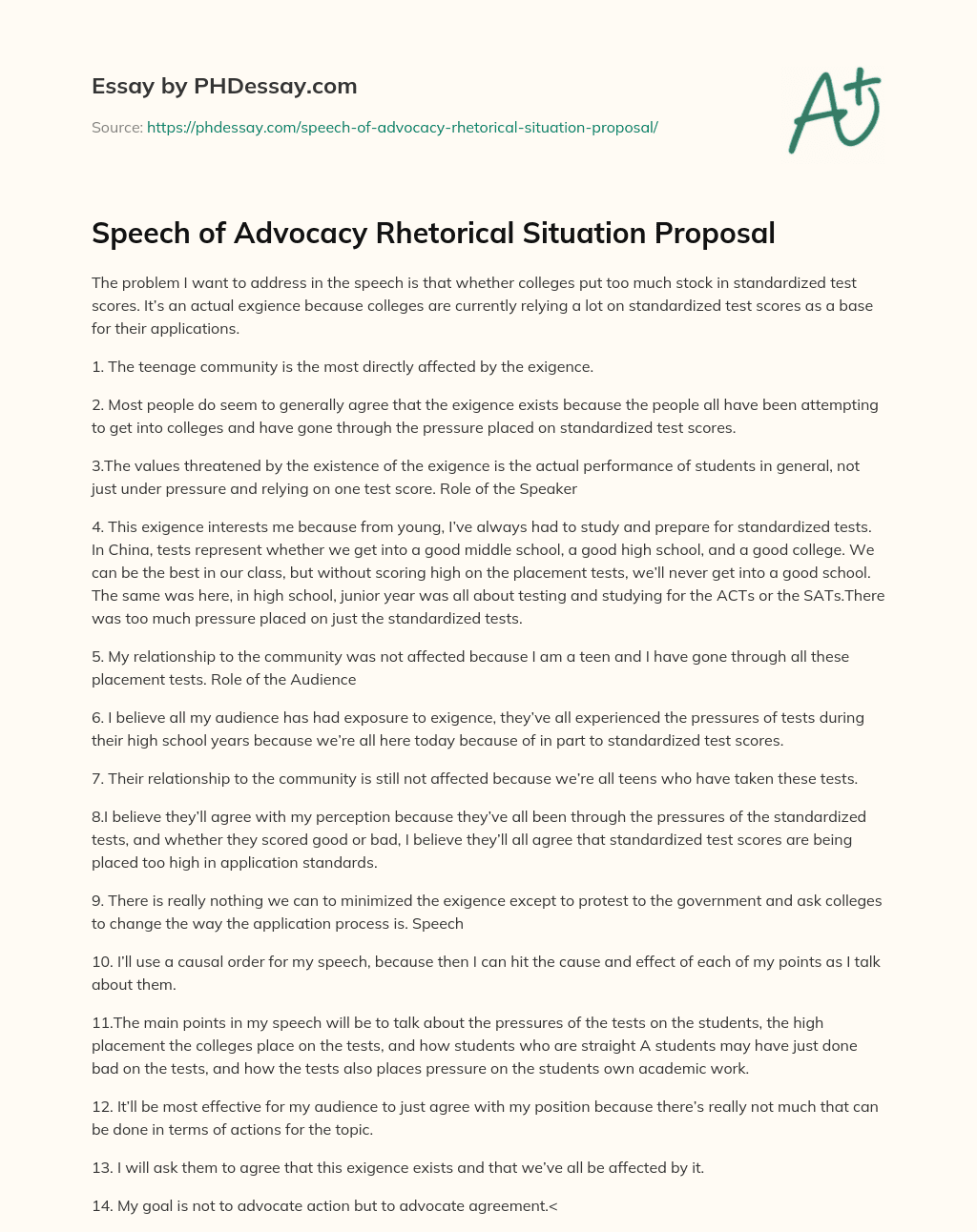 Speech of Advocacy Rhetorical Situation Proposal (500 Words) - PHDessay.com