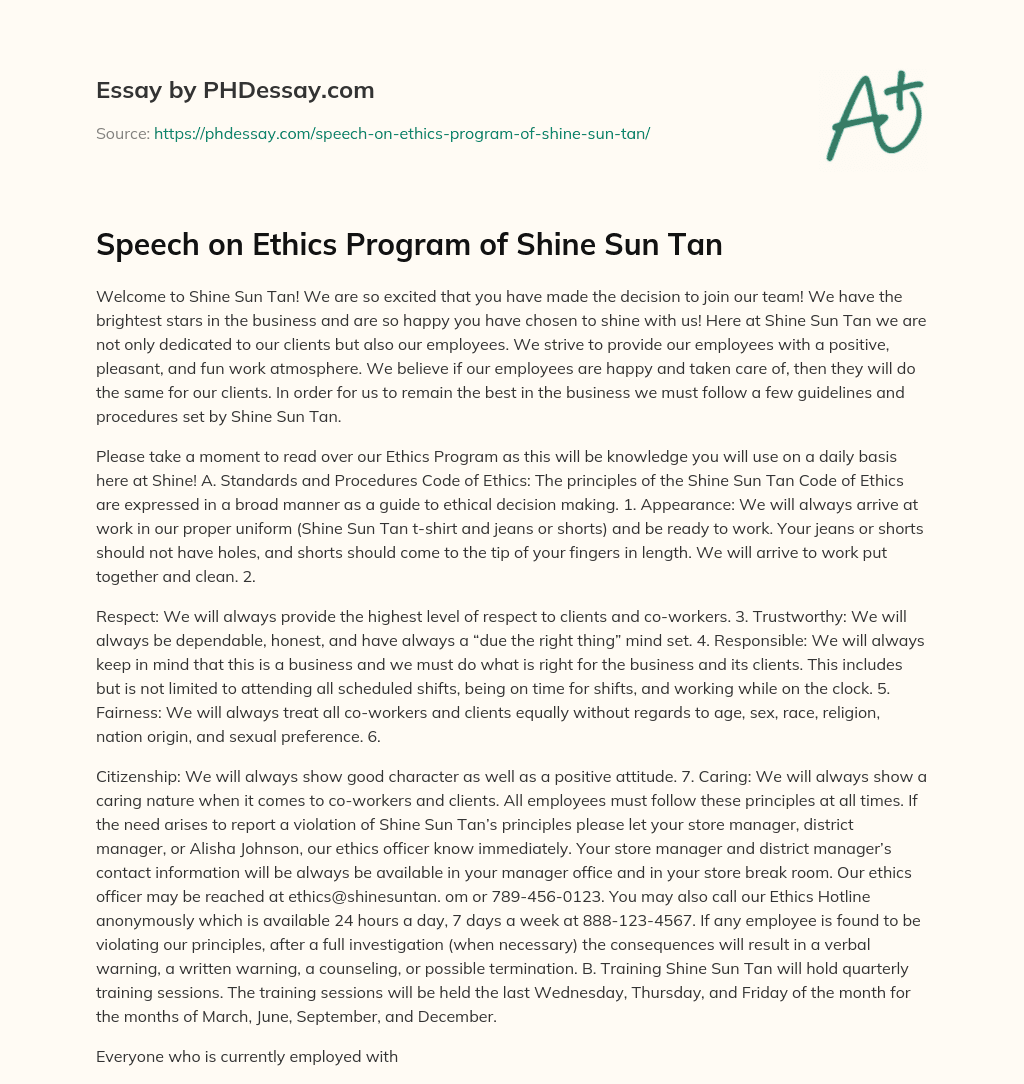Speech on Ethics Program of Shine Sun Tan - PHDessay.com
