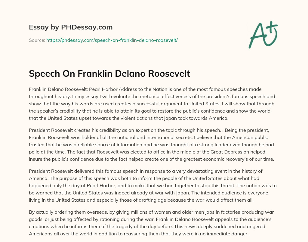 Speech On Franklin Delano Roosevelt (300 Words) - PHDessay.com