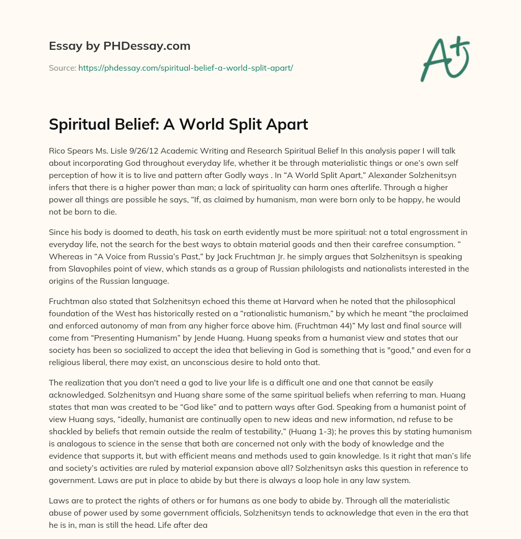 Spiritual Belief: A World Split Apart - PHDessay.com