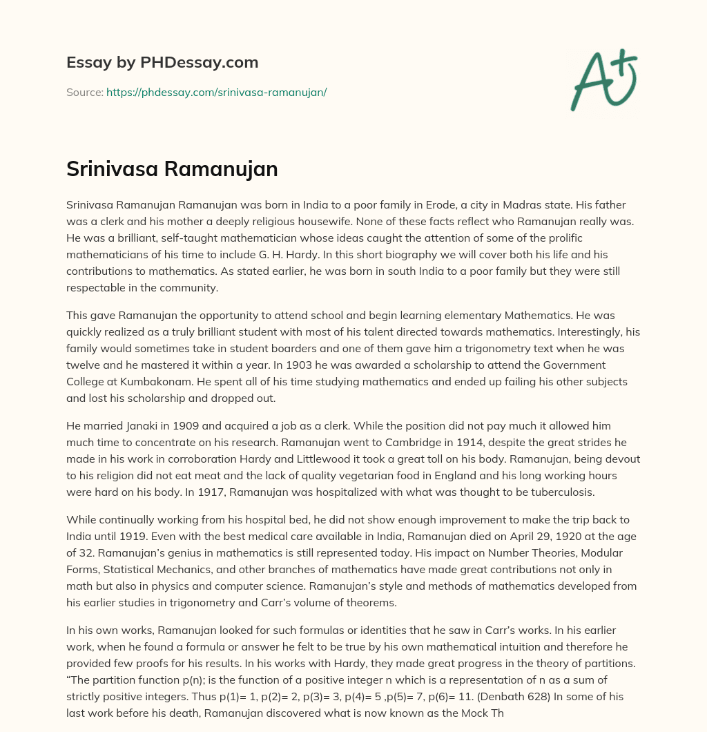 Srinivasa Ramanujan Essay Example - PHDessay.com