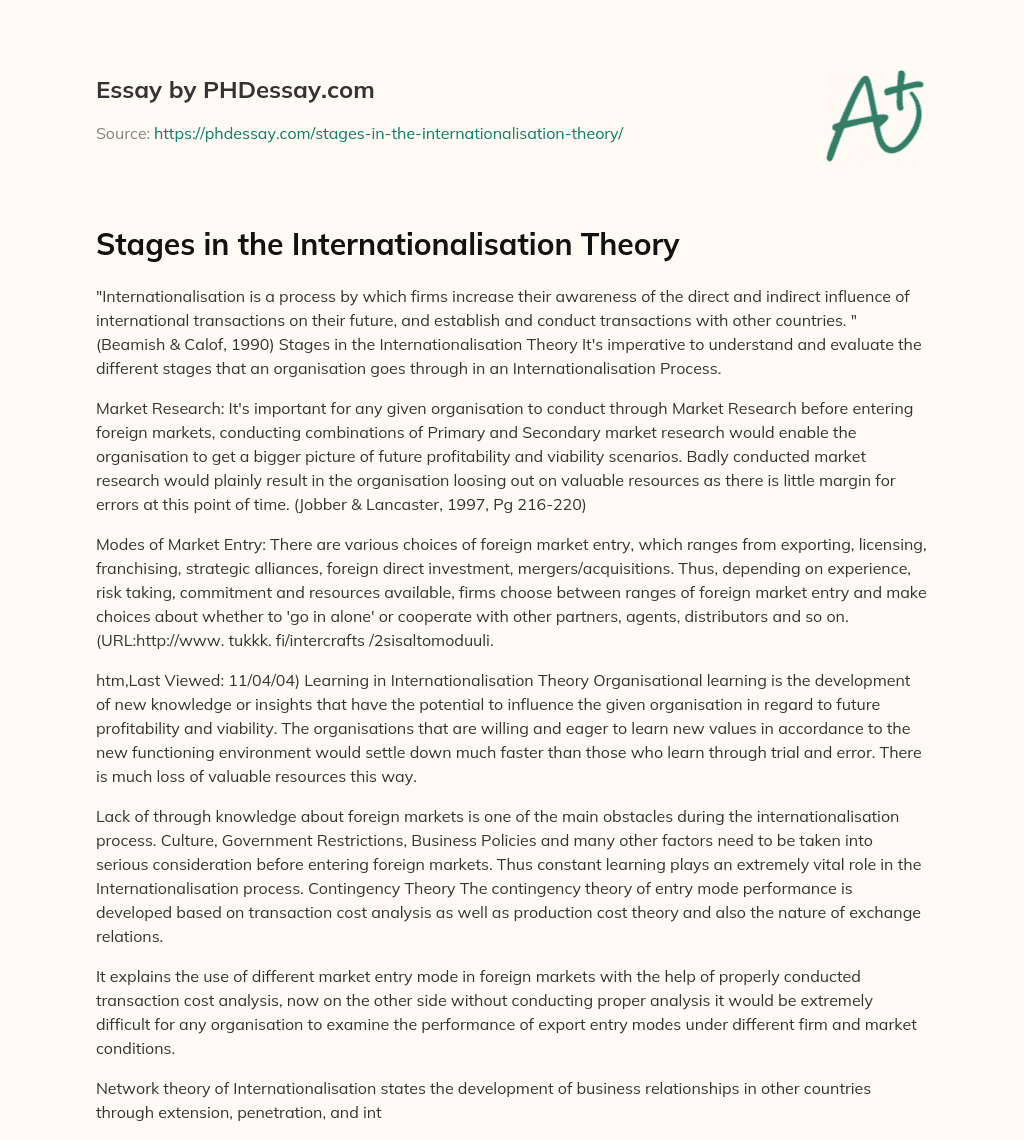 Stages in the Internationalisation Theory (500 Words) - PHDessay.com
