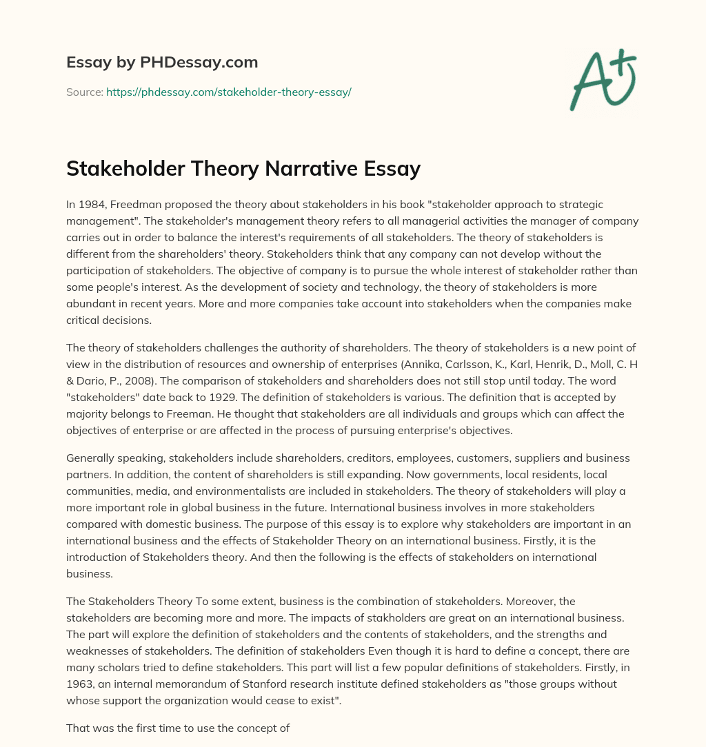 Stakeholder Theory Narrative Essay - PHDessay.com