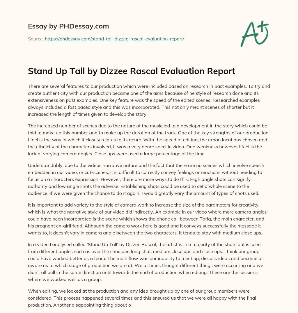 Stand Up Tall by Dizzee Rascal Evaluation Report - PHDessay.com