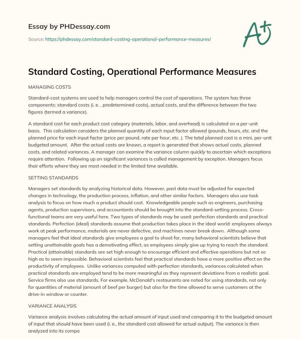 Standard Costing, Operational Performance Measures - PHDessay.com