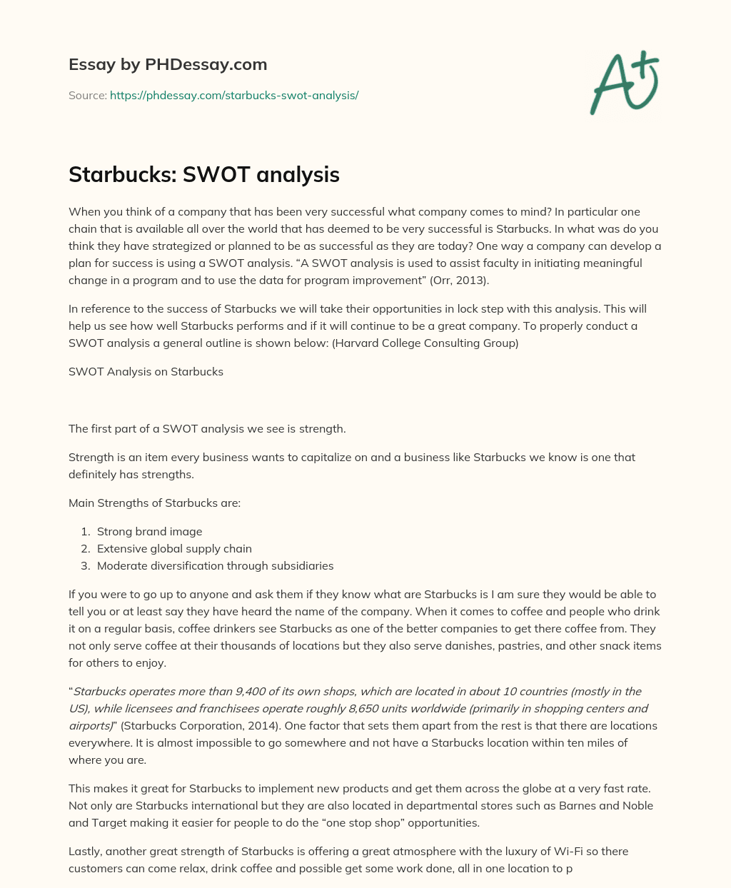 Starbucks: Swot Analysis Essay Example - PHDessay.com