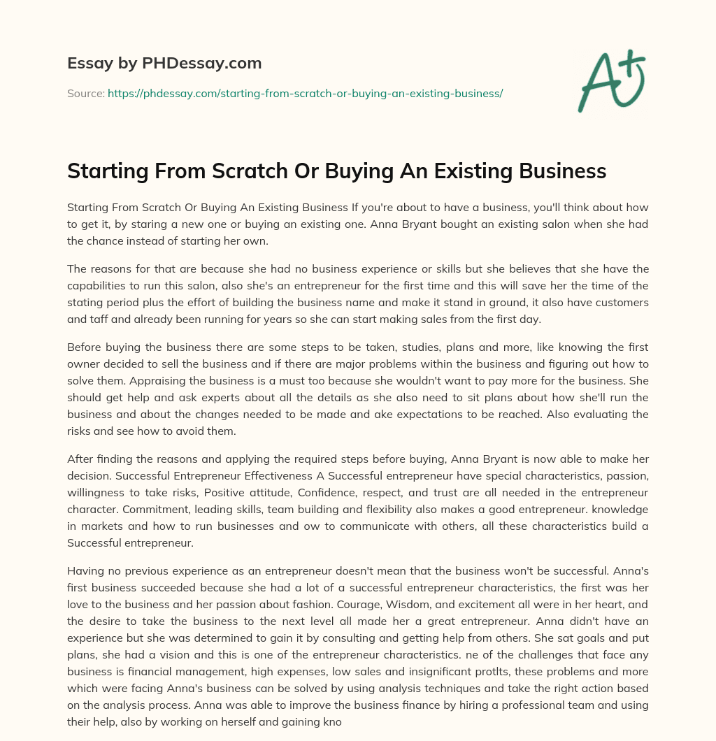 Starting From Scratch Or Buying An Existing Business - PHDessay.com
