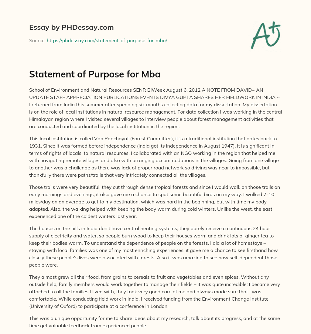 Statement of Purpose for Mba - PHDessay.com